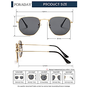 PORADAY Hexagonal Polarized Sunglasses for Women Men Vintage Square Metal Sun Glasses Geometric Shades (Gold/Gray)