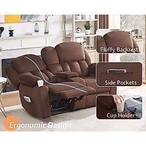 Jocisland Recliner Couch, 3 Seater Recliner with Cup Holders, Plush Fabric Reclining Couch with Dual Wingback, Comfy Recliner Sofas for Living Room(Brown)