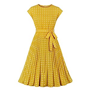 Wellwits Women's Cap Sleeves Pleated 40s 50s Vintage Dress Yellow Polka Dots L