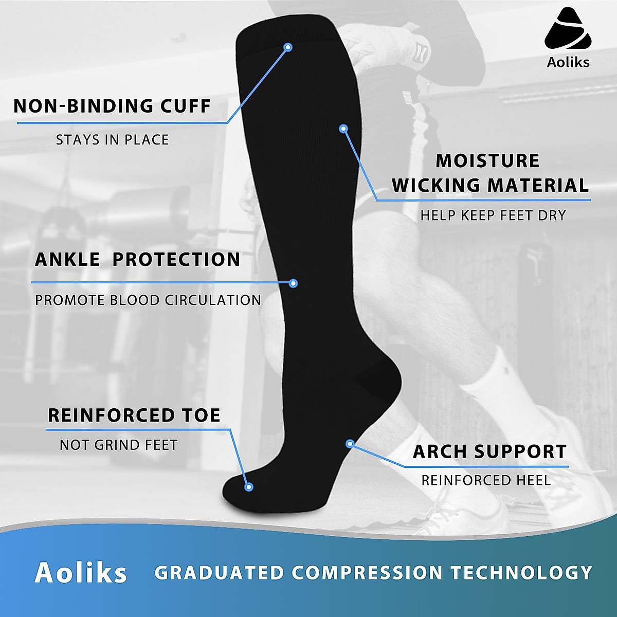 Aoliks Black Compression Socks for Women & Men,Support Knee High Socks for Running Athletic Nurses
