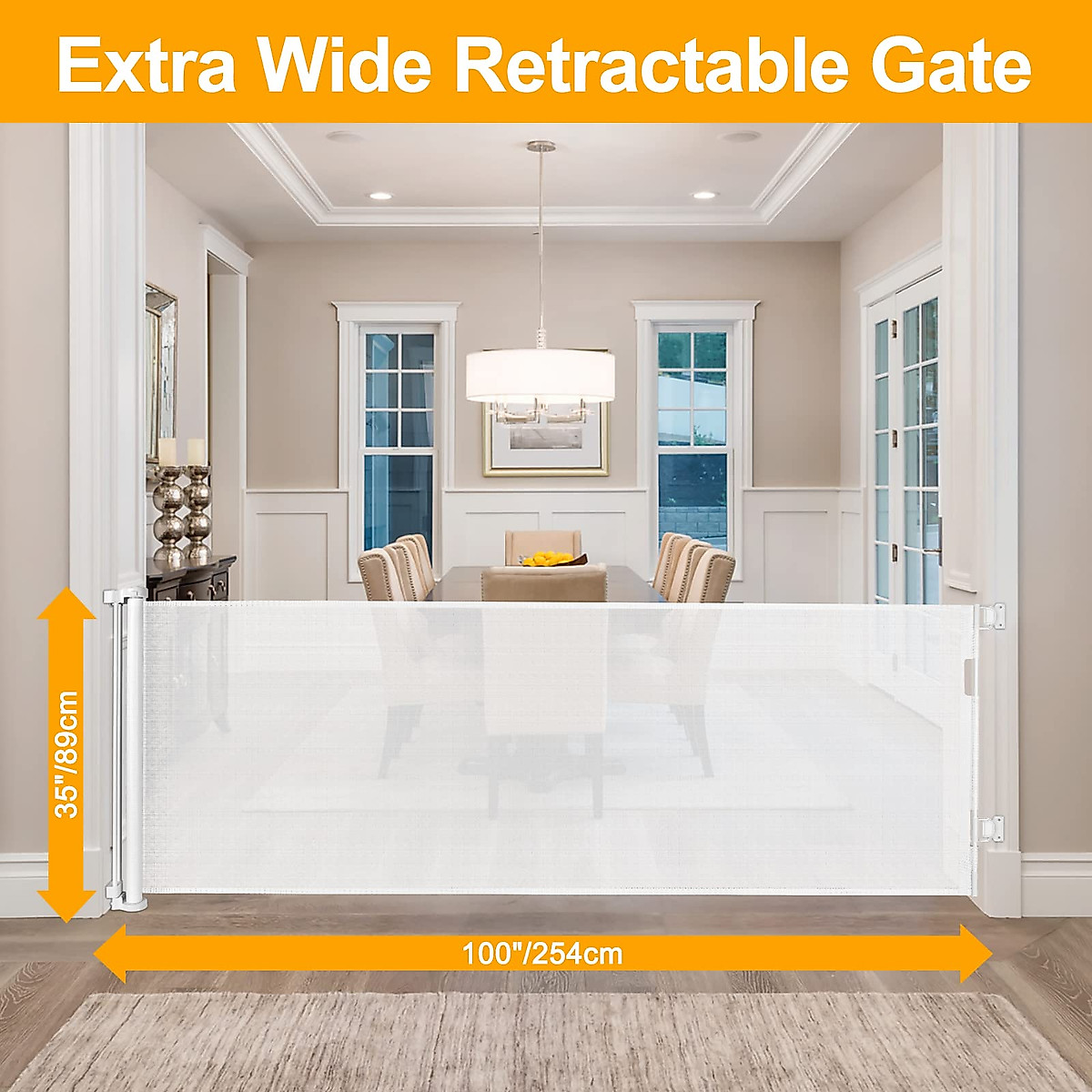 Mom's Choice Awards Winner - WOMHOM 100 Inch Extra Wide Retractable Baby Gates Extra Wide Baby gate for Large Opening Extra Long Dog Gates for The House Extra Large Pet Gate for Dogs Indoor Baby Fence