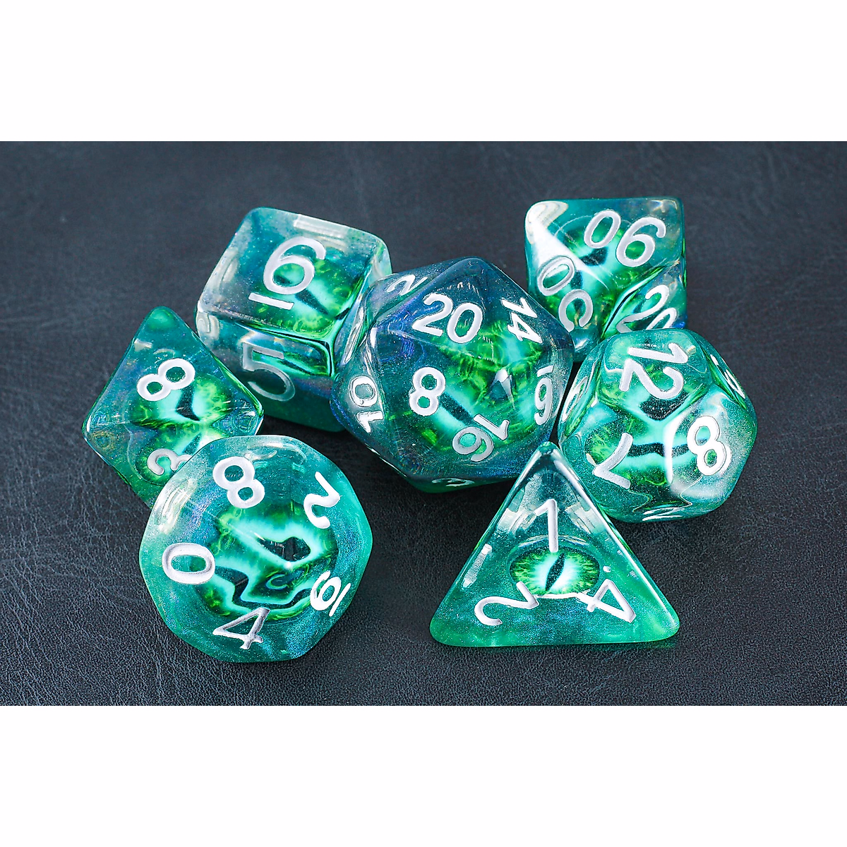 Sea Green Dragon Eye DND Dice Set for Dungeons and Dragons Gifts, D&D, D and D, Pathfinder, Accessories, D20, Polyhedral, Resin Dice, Metal, Dice Tray, Tower, Bag, Box