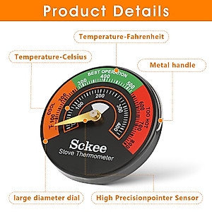 Wood Stove Thermometer, Magnetic Stove Temperature Stove Top Thermometer for Wood Burning Stove, Gas Stove, Pellet Stove, Temperature Meter for Fireplace, Pipe Thermometer Wood Stove
