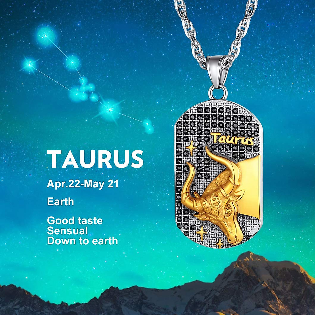 Hip Hop Taurus Necklace for Men Women Dog Tag Zodiac Jewelry Stainless Steel pendant with Chain