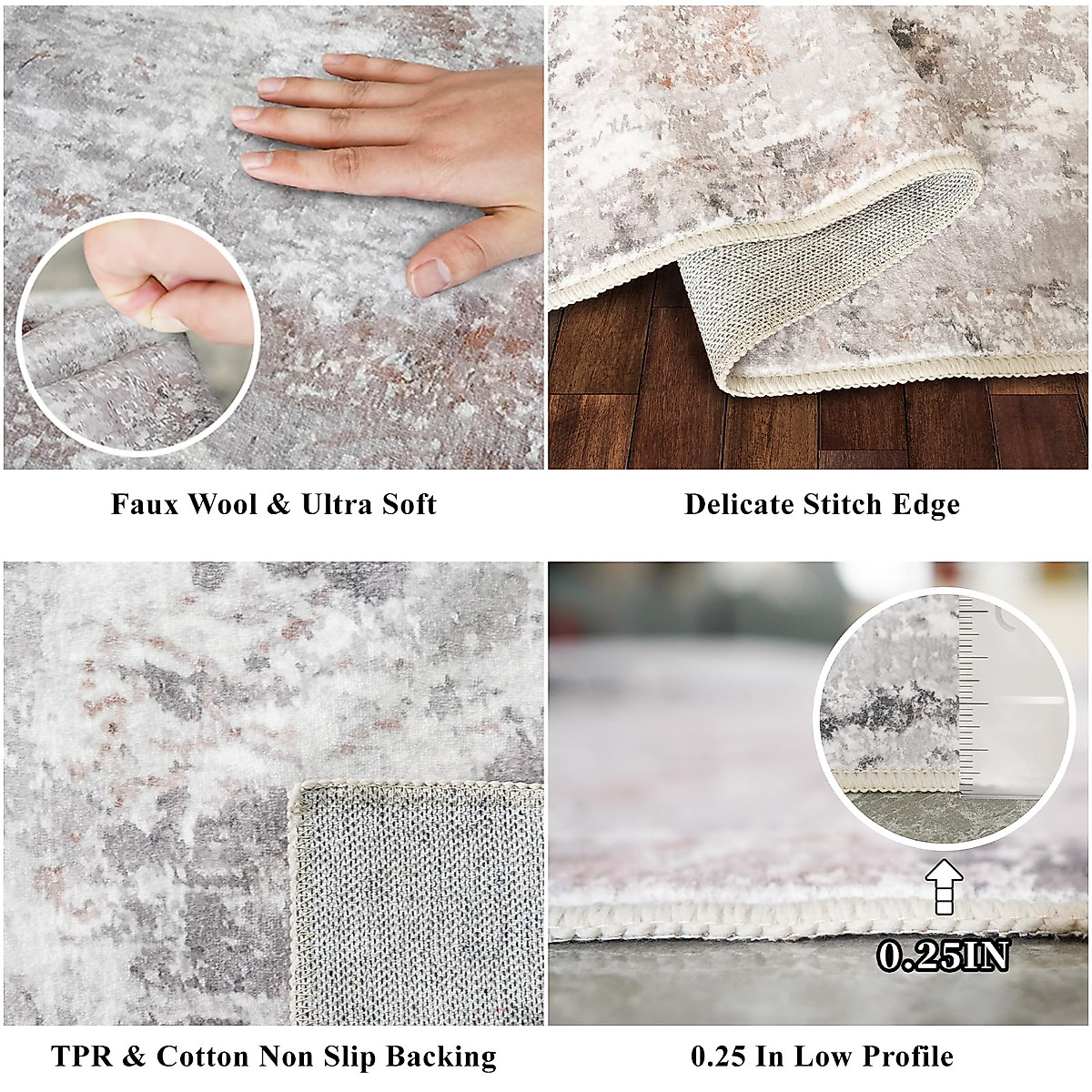 Washable 9x12 Area Rugs - Neutral Large Rugs for Living Room Abstract Soft Faux Wool Carpet for Bedroom Non Slip Stain Resistant Dining Room Rug Beige/Grey/Brown