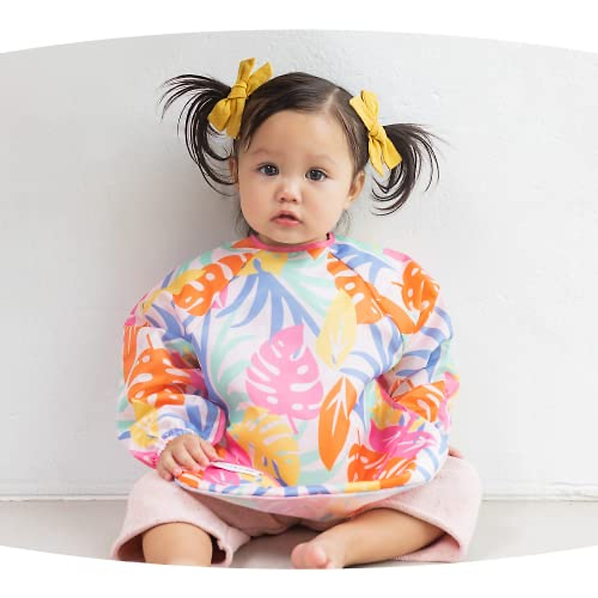 Tiny Twinkle Mess Proof Baby Bib, Cute Full Sleeve Bib Outfit, Waterproof Bibs for Toddlers, Machine Washable, Tug Proof Closure, Baby Smock for Eating, Long Sleeved (Pink Palm, Large 2-4 Years)