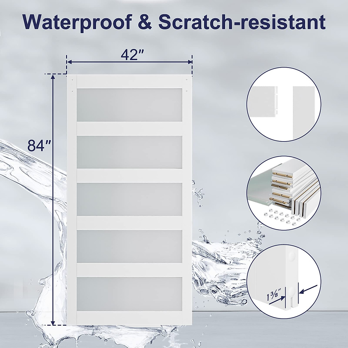 SmartStandard 42 x 84 inch Glass Barn Door with 7FT Brushed Nickel Sliding Hardware Track Kit, Waterproof PVC Coating, White, 5-Panel Glass