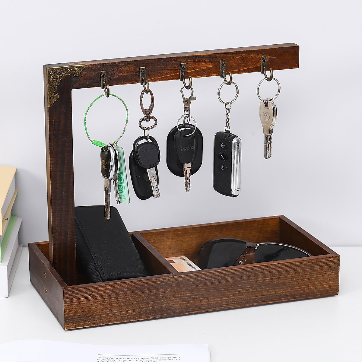 QingNian Wooden entryway Key Holder countertop Key Holder, Antique Decorative Organizer with Storage Tray and Five Bronze Hooks, Necklace Ring Jewelry Key Holder Hanging Organizer…