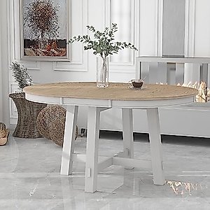 P PURLOVE Round Dining Table, Farmhouse Round Extendable Dining Table with 16" Leaf Wood Kitchen Table (Oak Natural Wood and Antique White)