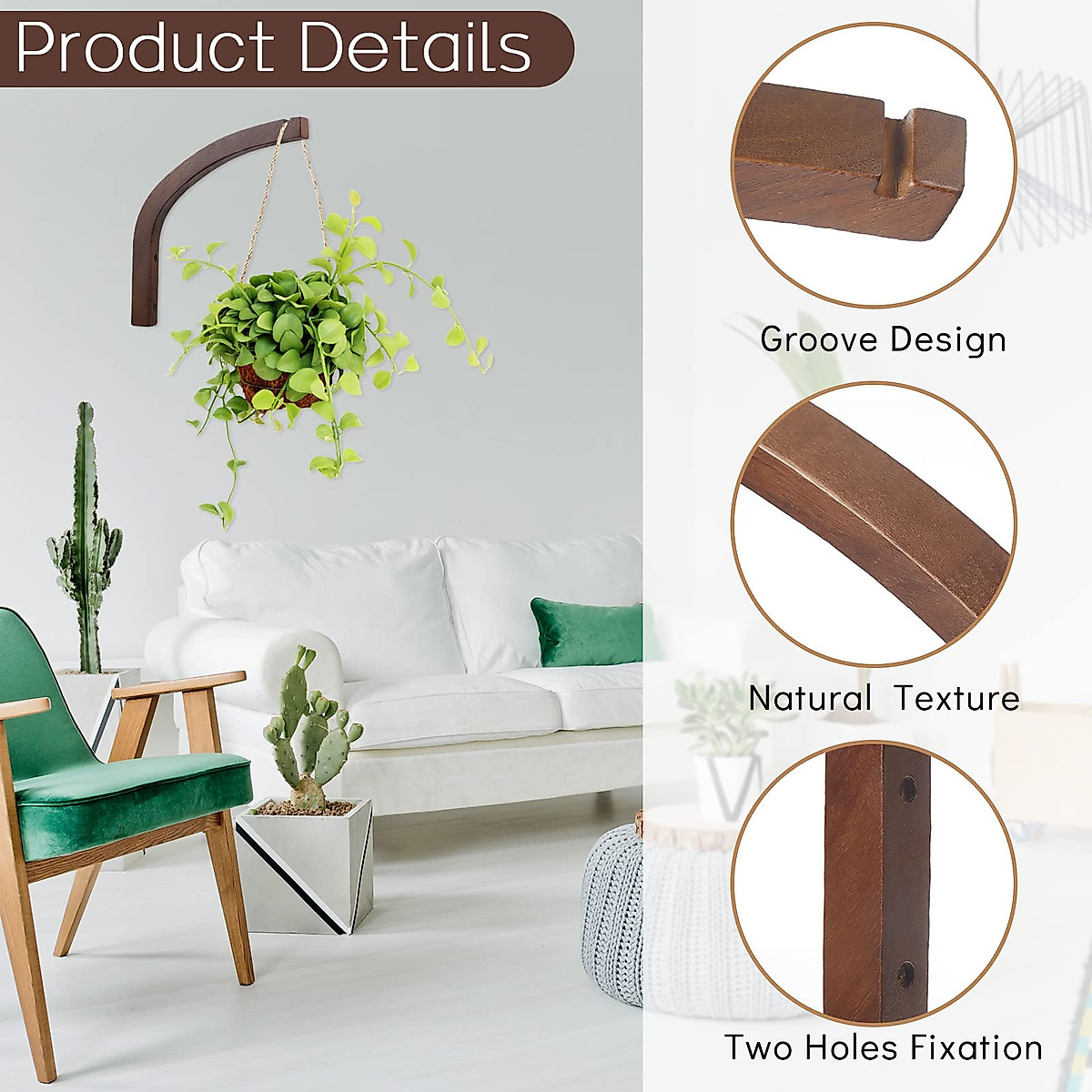 Juexica 4 Pieces Wooden Hanging Plant Hooks Wooden Plants Wall Hooks Plant Hooks Wall Mounted Plant Hanger Hook Indoor and Outdoor Hanging Brackets for Planters, Lanterns, Bird Feeders (Coffee Color)