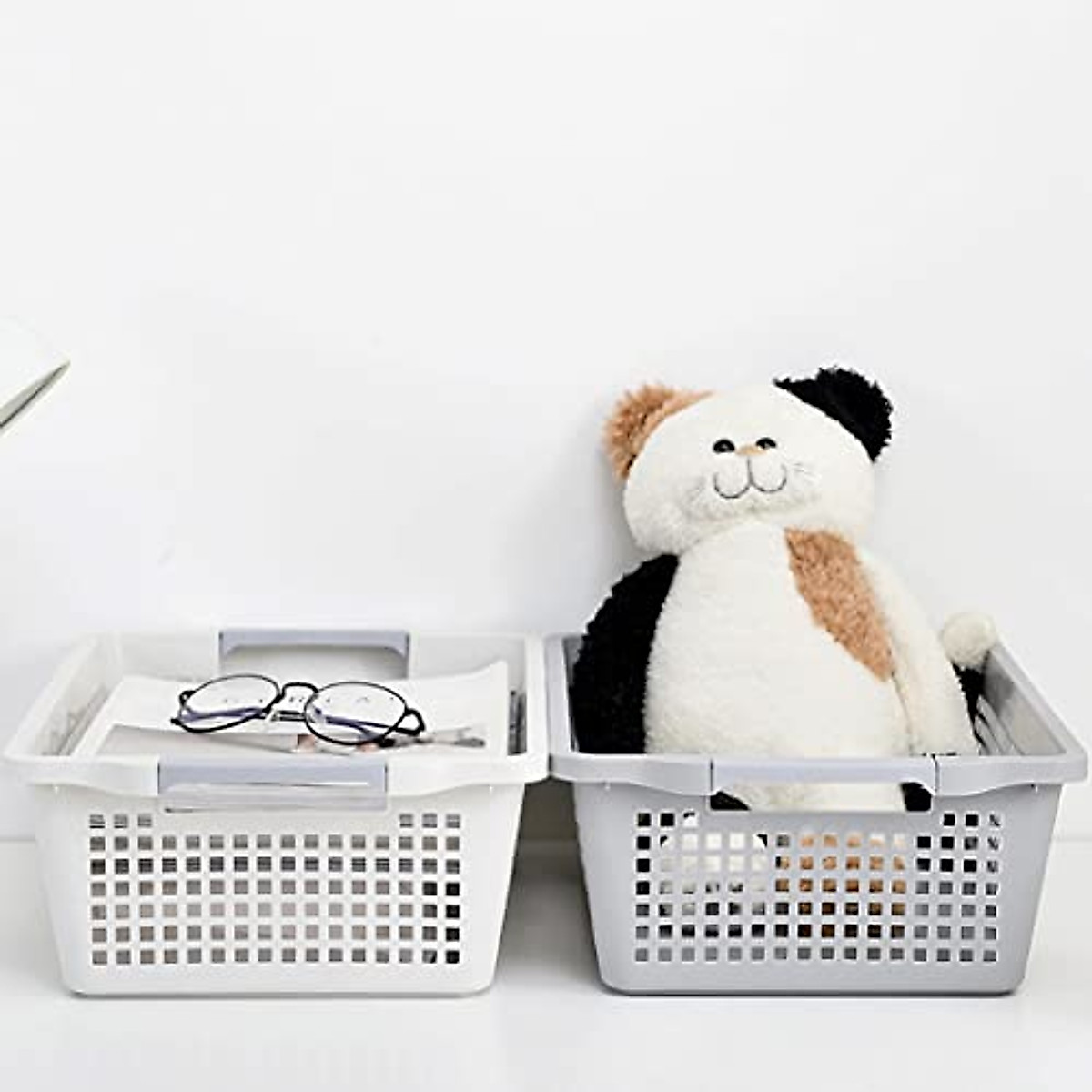 LOSYHU 6Pack Plastic Storage Baskets, Woven Plastic Baskets, Gray Small Weave Bins Organizer for Kitchens, Cabinets, Bathrooms, Bedrooms, Countertop, under Sink or on Shelves (11.2"x7.5"x3.8")