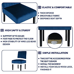 STHOUYN Modern Velvet Armless Accent Chair Decorative Slipper Chair Vanity Chair for Bedroom, Corner Side Chair Living Room Furniture Navy Blue