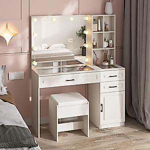 Fameill White Vanity Desk with Mirror and Lights,Glass Top Vanity Table with 3 Drawers and Cabinets,Large HD Mirror Makeup Desk,3 Lighting Modes, Brightness Adjustable,45 in(L)