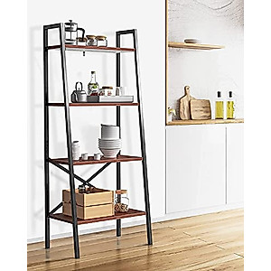 ELEHINSER Ladder Bookshelf, 4-Tier Industrial Ladder Shelf Free Standing Bookcase, Organizer Shelves for Plant Flower, Storage Rack Shelves for Living Room, Bedroom, Kitchen, Bathroom, Rustic Brown