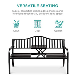 Best Choice Products Outdoor Garden Bench with Pullout Middle Table, Double Seat Steel Metal for Patio, Porch, Backyard w/Weather- Resistant Frame, 600lb Weight Capacity - Black