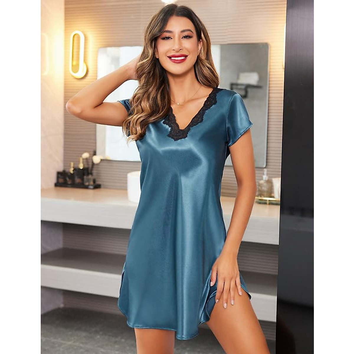 Ekouaer Women's Satin Nightgown Sleepwear Lace V Neck Side Slits Nightie Short Sleeves Nightshirt (Peacock Blue,M)