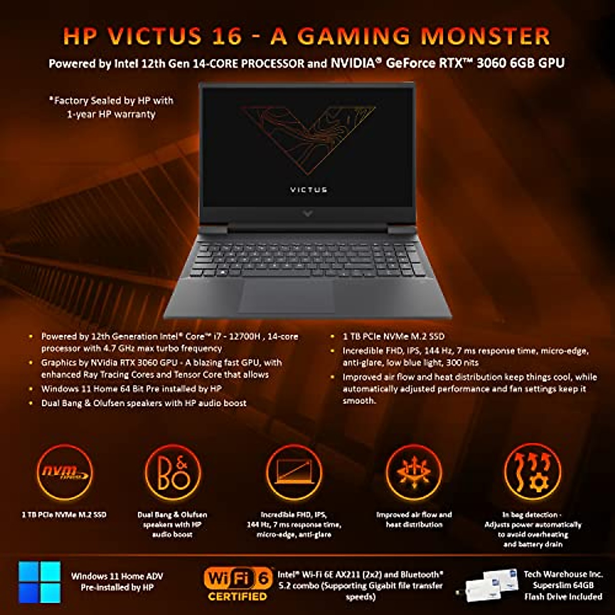 HP Victus 16 Gaming Laptop Mica Silver Intel Core i7-12700H, 16.1” FHD, 16 GB RAM, 1 TB SSD, 6GB Nvidia GeForce RTX 3060, Win 11 Home Adv, WiFi 6, 4Cell, B&OAudio, 64GB Tech Warehouse Flashdrive
