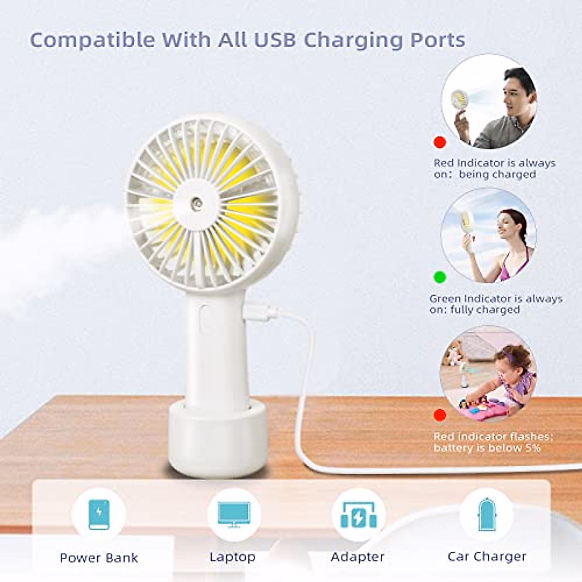 Portable Misting Fan, Handheld Personal Mist Fan, Battery Operated Rechargeable Mini Mister Fan 2500 mAh with Water Spray, Small Cooling Up to 7.8h for Travel, Desk, Camping
