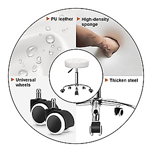 KKTONER Round Rolling Stool Chair PU Leather Height Adjustable Shop Stool Swivel Drafting Work SPA Salon Stools with Wheels Office Chair (White)
