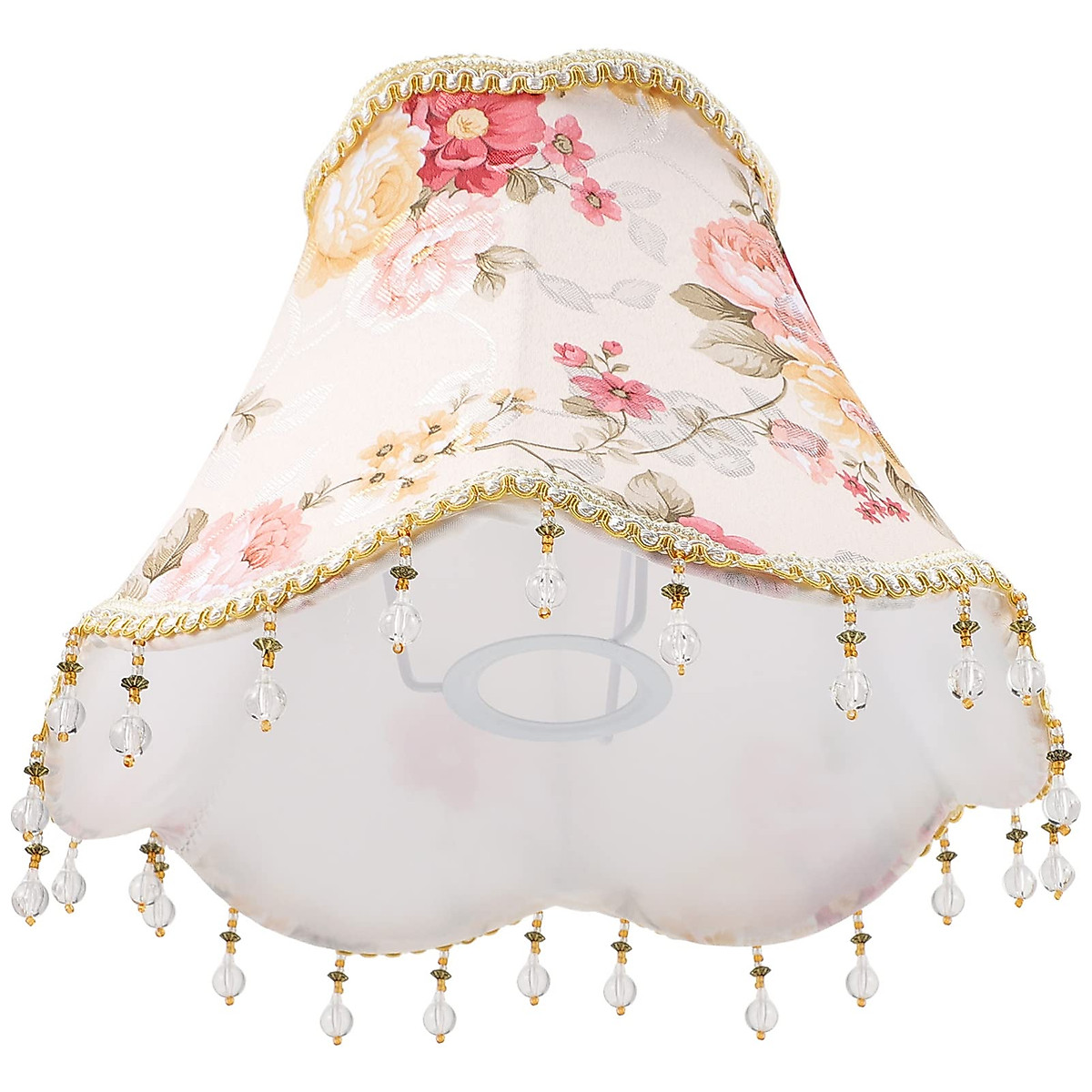 Yardwe Vintage European Lampshade with Flower Pattern Vintage Cloth Art Fringe Bead Lampshade with Tassel Fabric Dome Lamp Shade for Living Room Bedroom E27