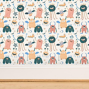 Commercial Grade Wallpaper Swatch - Cute Kids Monsters Watercolor Pastel Playful Room Monster Creature Bat Spooky Spider Web Moon Stars Traditional Wallpaper by Spoonflower