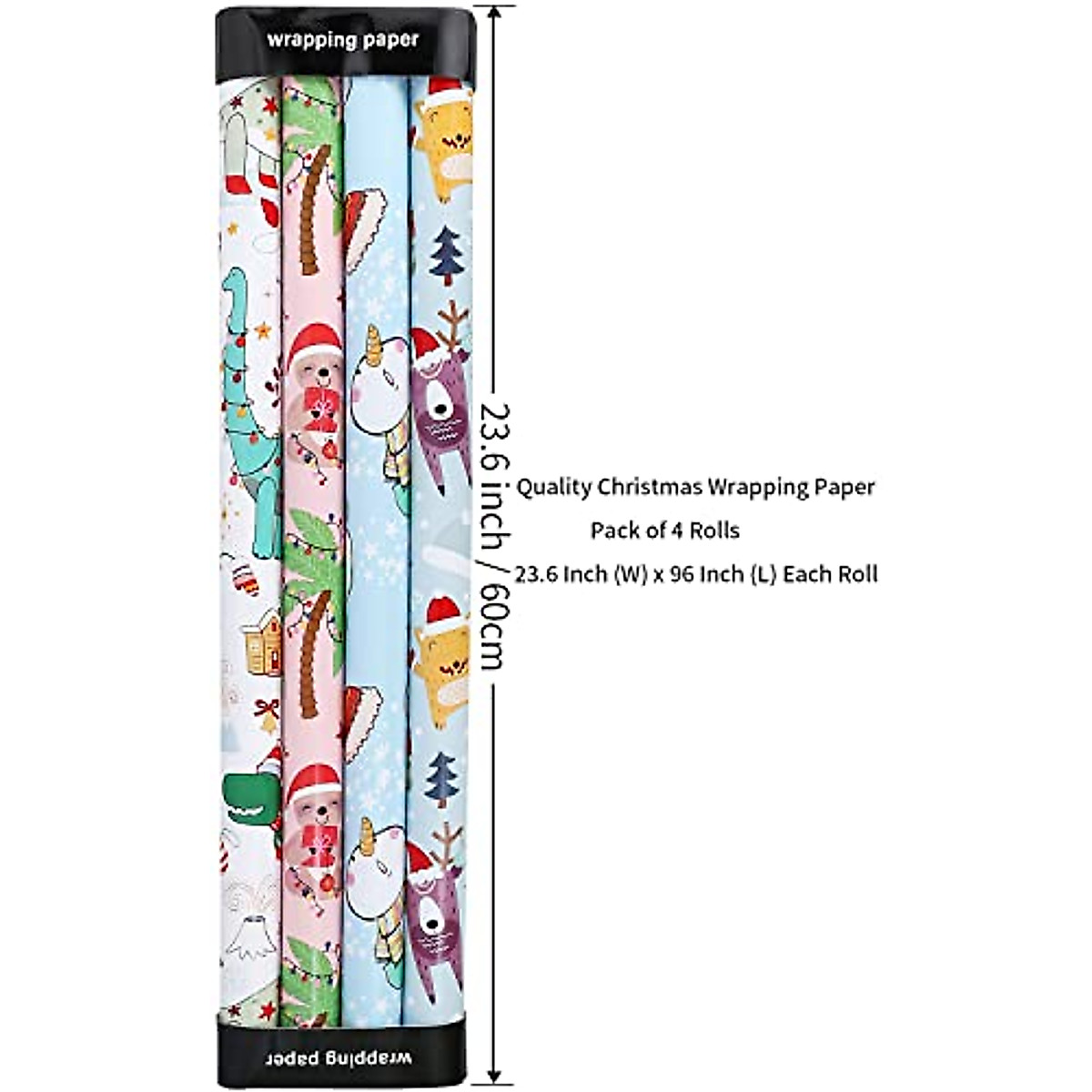 AUCLAY Christmas Wrapping Paper Rolls for Kids Holiday Gift Wrap - Cute Styles Included Dinosaur, Snowman, Santa Animals, Alpaca and Sloth - Pack of 4, 23.6 Inch X 8 Feet per Roll