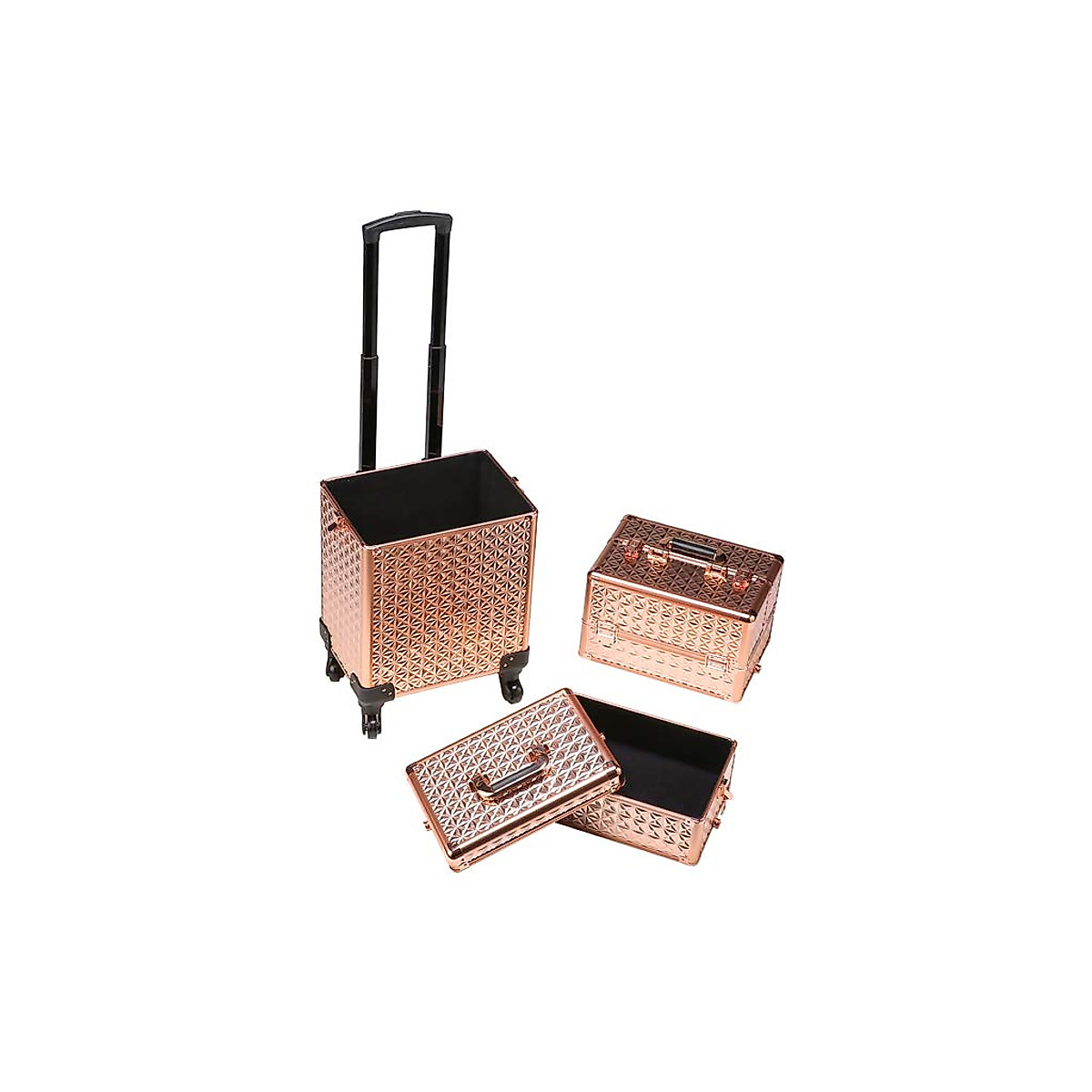 Rolling Train Case 4-in1 with extra lid Portable Makeup Train Case Professional Cosmetic Organizer Makeup Traveling case Trolley Cart Trunk (Rose Gold)