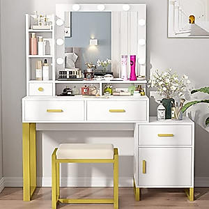 PAKASEPT Makeup Desk with Mirror and Lights, Desk and Chair, Vanity Table Set with Cushioned Stool, Shelves & Drawers, Storage Cabinet for Bedroom, White