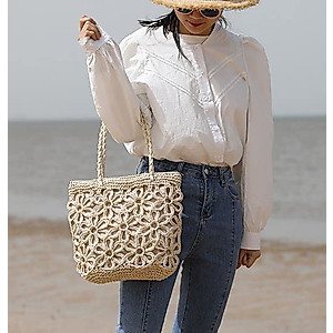 Womens Top Handle Straw Beach Tote Bags Floral Shoulder Bag Beach Bag Large Size Satchel Purses Woven Shoulder Bag