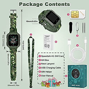 4G Kids Smart Watch Phone, Camouflage Boys Girls Water Resistant Watch with GPS Tracker and SIM Card, Voice & Video Chat, Alarm, Face Unlock Detachable Screen WiFi Wrist Watch for Kids (Green)