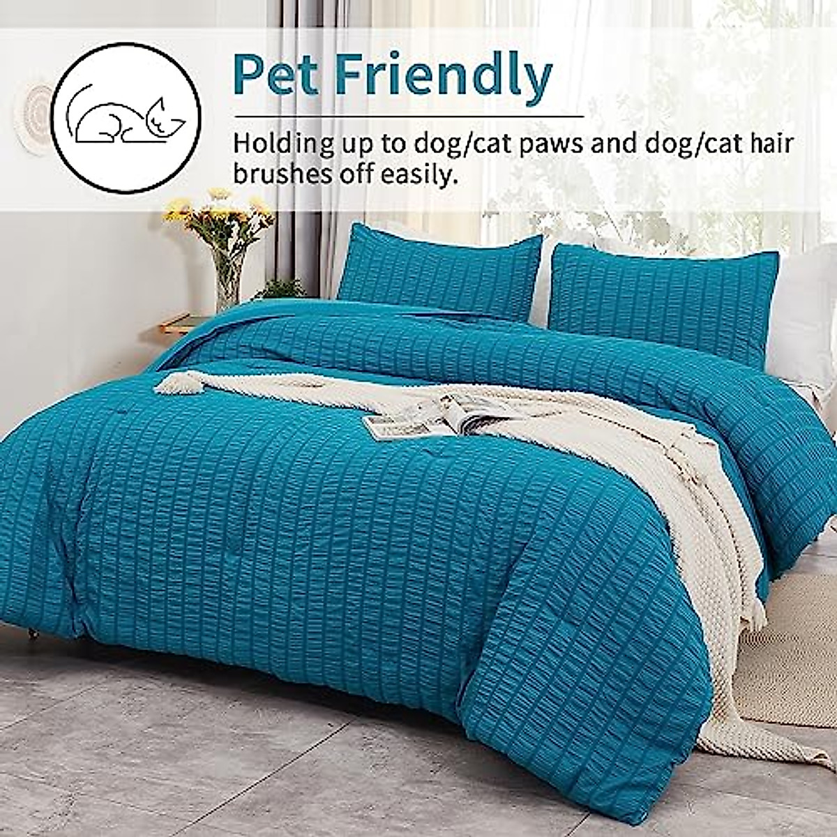 AveLom Teal Seersucker California King Comforter Set (104x96 inches), 3 Pieces-100% Soft Washed Microfiber Lightweight Comforter with 2 Pillowcases, All Season Down Alternative Bedding Set