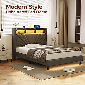 Rolanstar Twin Size Bed Frame, Storage Headboard with Charging Station and LED Lights, Upholstered Bed with Heavy Duty Wood Slats, No Box Spring Needed, Noise Free, Easy Assembly, Dark Grey