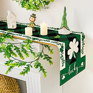 Artoid Mode Black Green Buffalo Plaid Lucky Shamrock St. Patrick's Day Table Runner, Seasonal Spring Holiday Kitchen Dining Table Decoration for Indoor Outdoor Home Party Decor 13 x 72 Inch