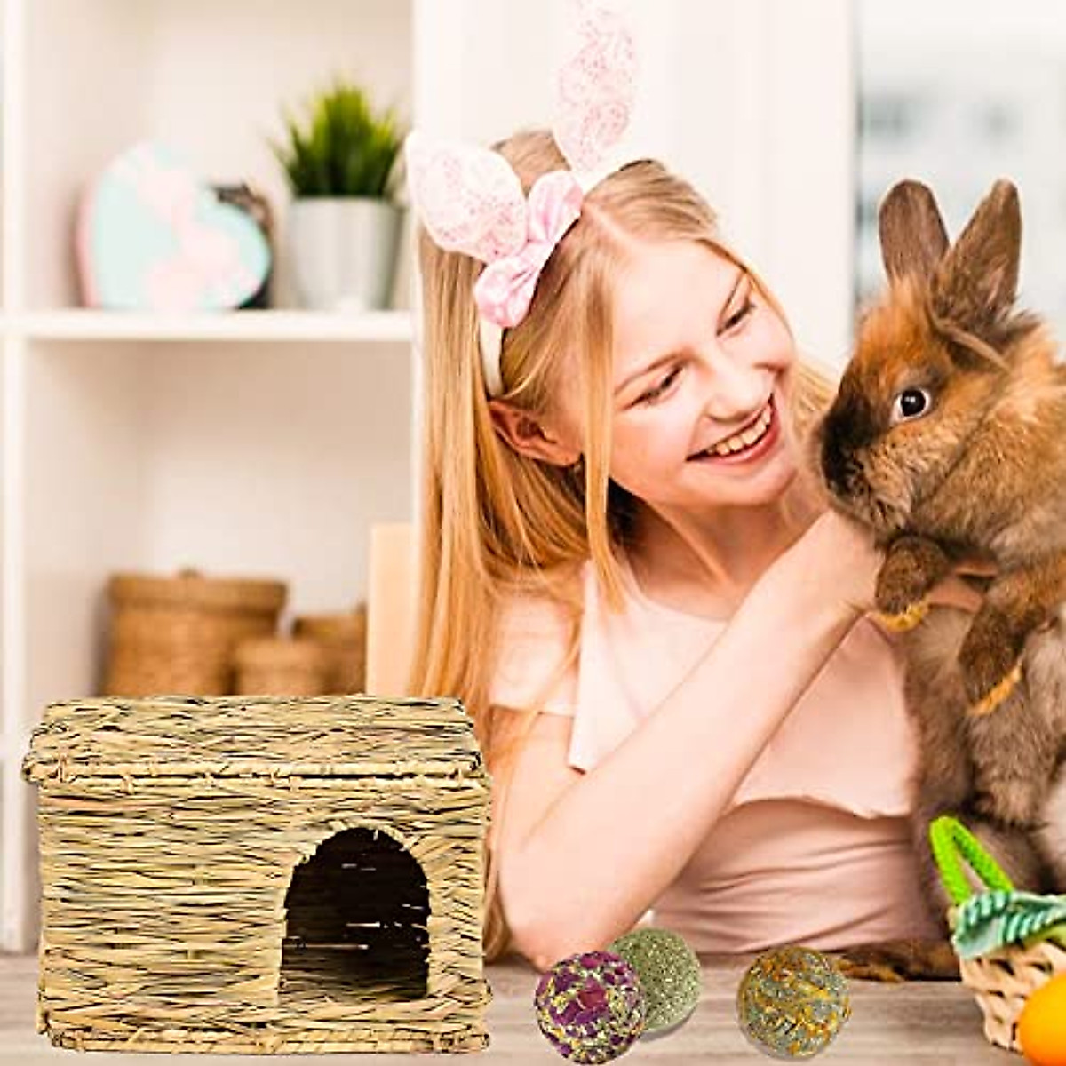 Extra Large House for Rabbits, Hand Crafted Natural Grass Bed Hideaway Hut with Chew Toys for Play Sleep Bunny Guinea Pig Chinchilla Ferret