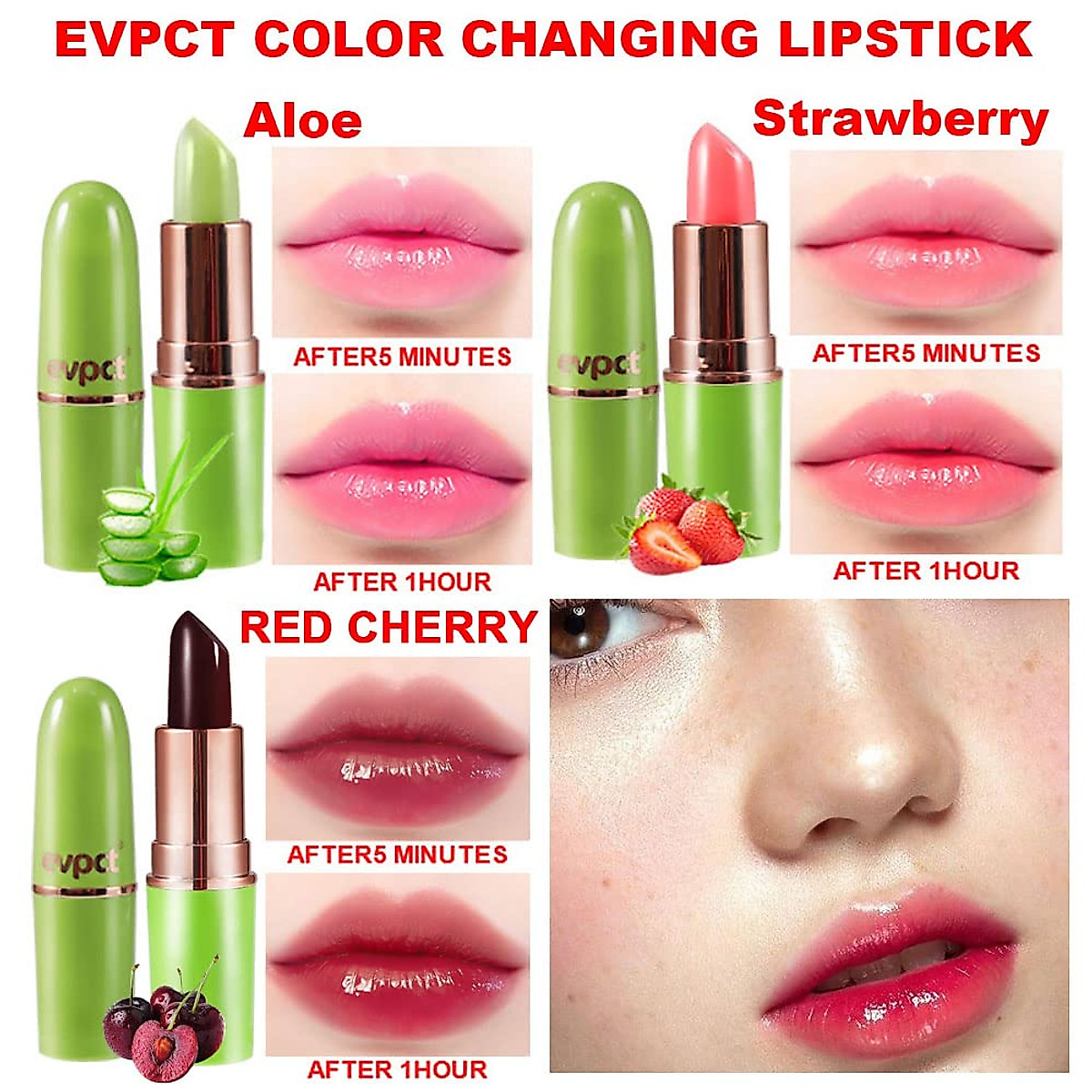 BINGBRUSH Color Changing Lipstick Queen,PH Mood Long Lasting Lip Gloss Korean Lip Balm Tinted Magic Makeup Moisturize Lipstick Set (3Pcs Aloe+Strawberry+Cherry, 3 Count (Pack of 1))