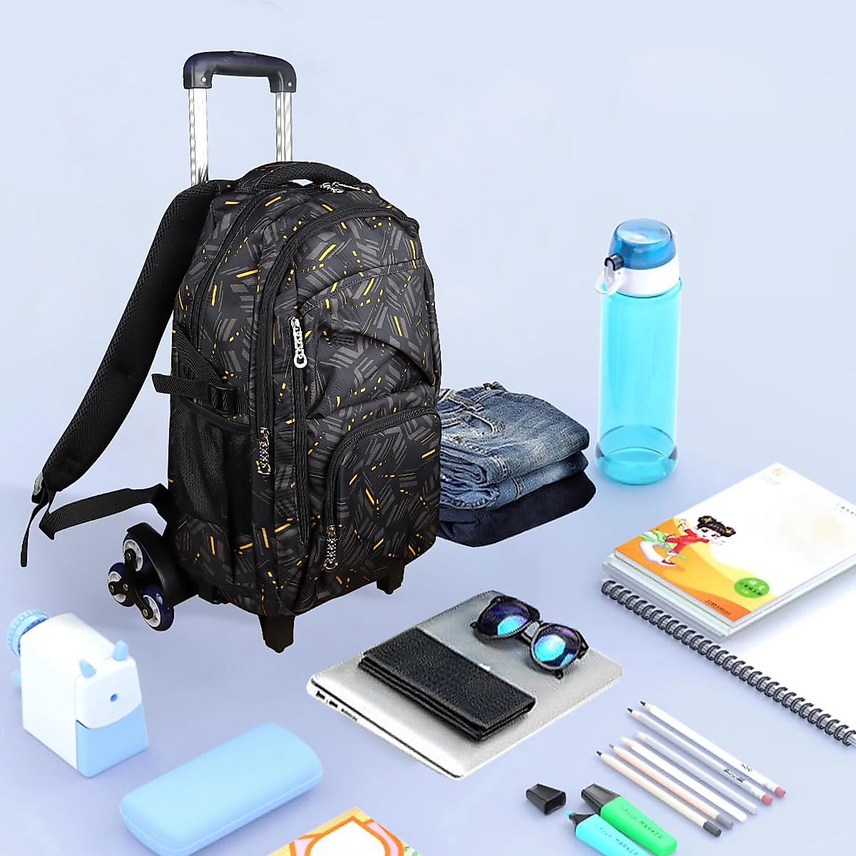 YOUCIDI Rolling Wheels High-Capacity School Bag Backpacks for Students Climbing Stairs Black and Yellow,