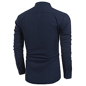COOFANDY Mens Cotton Linen Henley Hippie Casual Beach T Shirt, Navy Blue, X-Large, Long Sleeve