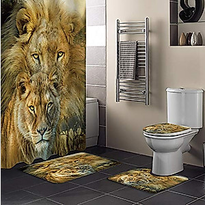 BULING 4Pcs Shower Curtain Set with Rugs,Mighty Lion Father and Son Shower Curtain with 9 Hooks, Bath Mat, Toilet Lid Rug and Non-Slip U Shape Mat Accessories