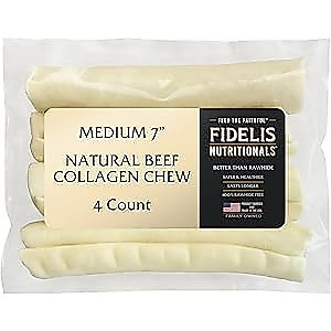 FIDELIS Rawhide-Free Treat Sticks, Long Lasting, Collagen Dog Chews, Treats, Small & Large Dogs, Beef Collagen, Gluten-Free, Grain-Free, Dog Chew, Bones-Alternative, Made in USA, 4pk, Beef, 7"