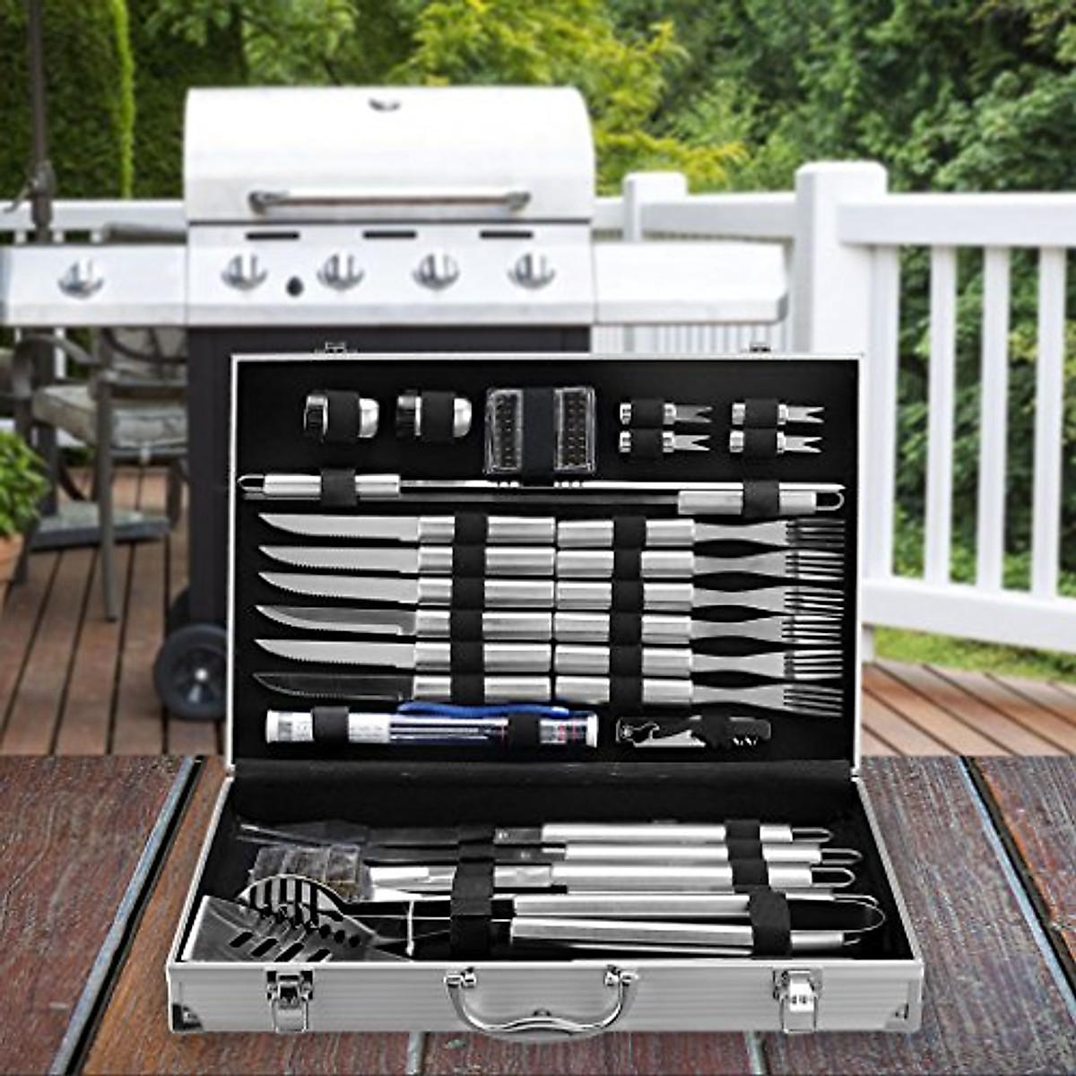 30 Piece BBQ Grilling Gift Set - Professional Grade Stainless Steel Barbecue Grill Tool Set with Aluminum Storage Case - Includes 4-in-1 Spatula Turner, Tongs and Many Other BBQ Grilling Accessories