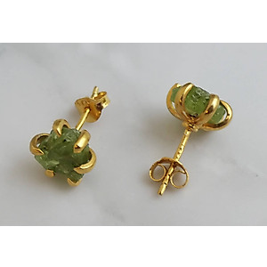 Handmade Large 6-8mm Raw Peridot Gem Sterling Silver Stud Earrings - Gemstone Jewelry Gift Ideas for Women - March Birthstone (yellow-gold-plated-silver)