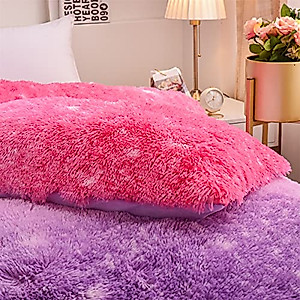 Holawakaka Pink Purple Ombre Stars Shaggy Fuzzy Duvet Cover Set Queen Size Faux Fur Bedding Sets (Pink Purple, Queen)