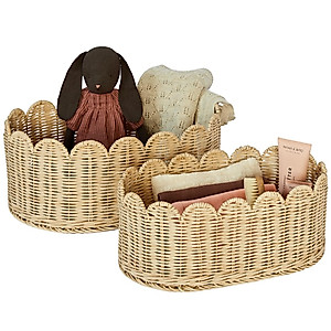 BEBE BASK Scalloped Basket Set Of 2 - Hand Woven Scallop Basket - 16 x 10 x 7 In - Scalloped Wicker Basket - Scalloped Edge Basket - Scalloped Storage Basket (Natural)