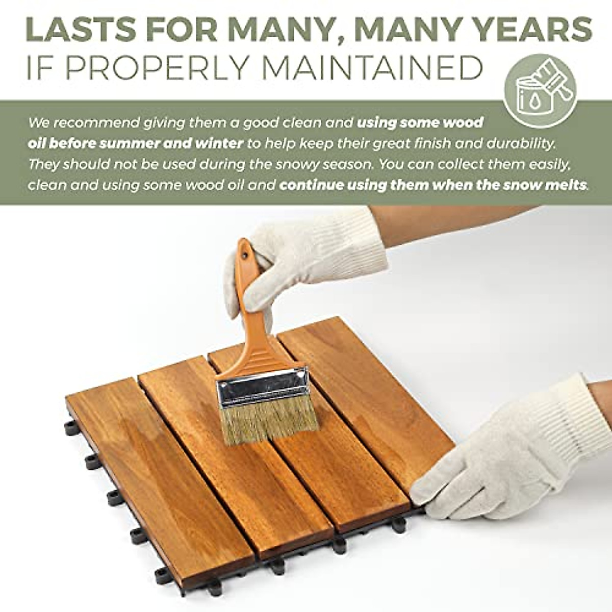 Wood Interlocking Flooring Tiles (Pack of 10, 12" x 12"), Solid Wood Acacia Deck Tiles Interlocking, Patio Tiles Outdoor Interlocking Waterproof All Weather (4 Slat, Natural Color)