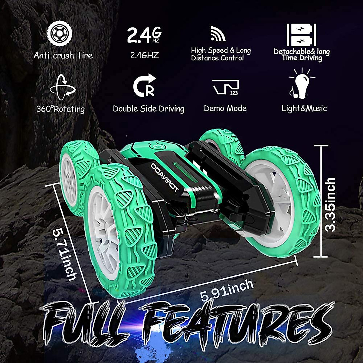 Netsky Remote Control Car for Boys Girls, RC Stunt Car 4WD 2.4Ghz Double Sided 360°Rotating RC Cars Toy for 3 4 5 6 7 -12 Years Kids,RC Crawler with Music and Led Lights (Green)