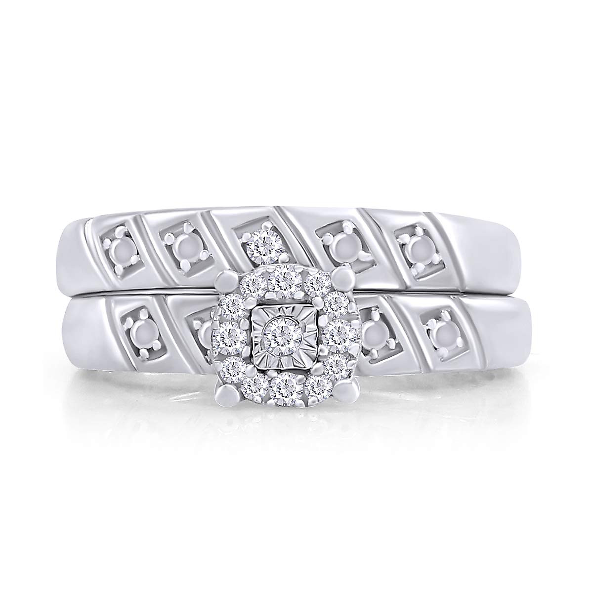 Jewel Zone US White Natural Diamond Engagement & Wedding Trio Band Ring Set in 14k White Gold Over Sterling Silver (0.1 Ct)