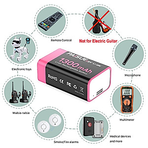 9V Rechargeable Batteries, 1300mAh High Capacity Lithium-ion Long Lasting 9 Volt Batteries with 2 in 1 USB C Fast Charging Cable for Smoke Alarms,Microphone,Multimeters,Toys,Game Controllers (2 Count)