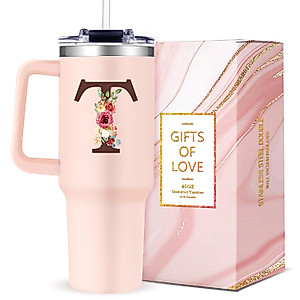 Gooddooes Monogrammed 40oz Tumbler with Handle for Women, Personalized Birthday Gifts for Women,Initial Cups for Women Floral Letter T,Customized Gifts for Women Lady Gift for Mothers Day Christmas