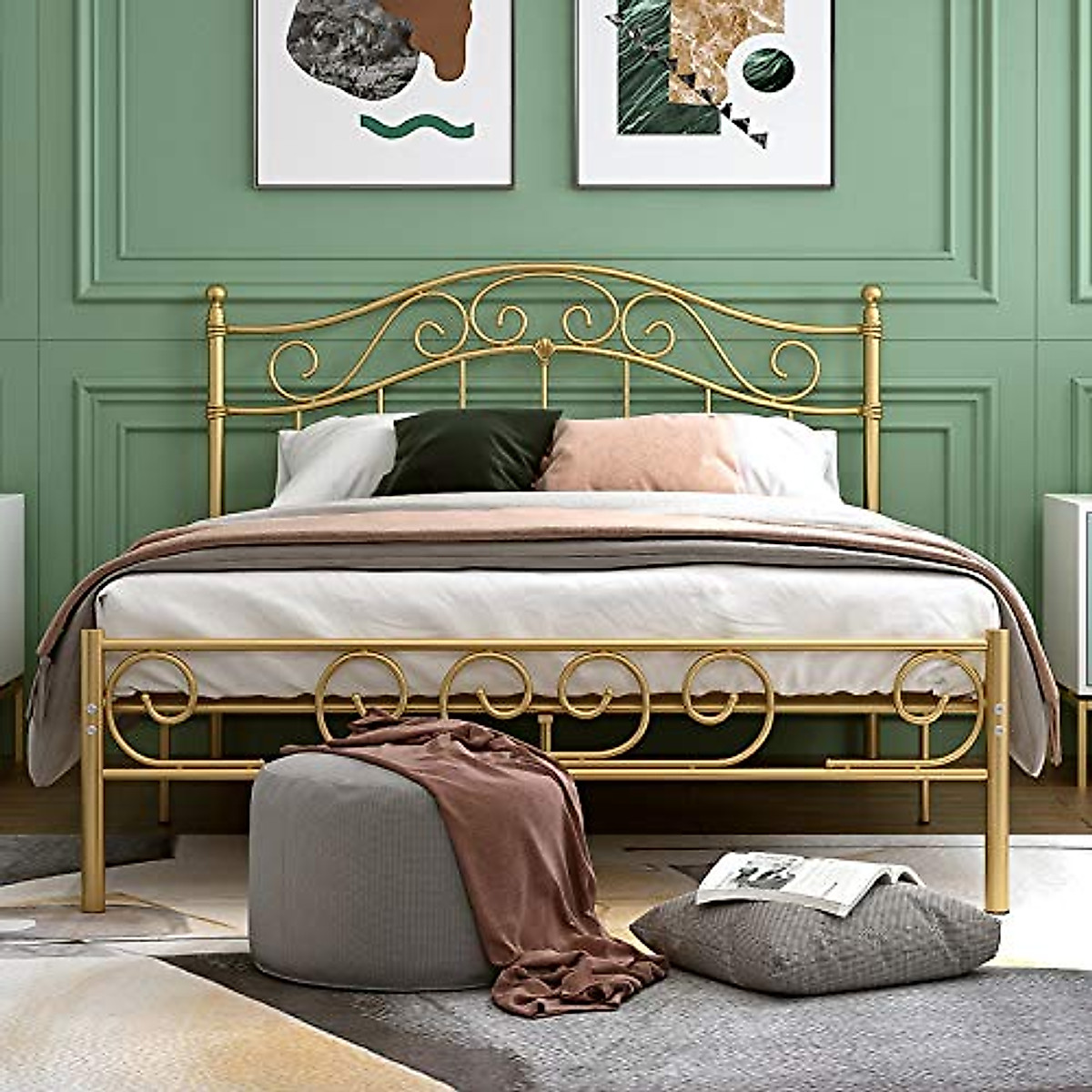 IOTXY King Metal Bed Frame - Gold 12 Inches Complete Bed Platform with Curved Tall Headboard and Shorted Footboard, King-Size Mattress Base Foundation, Garden Style