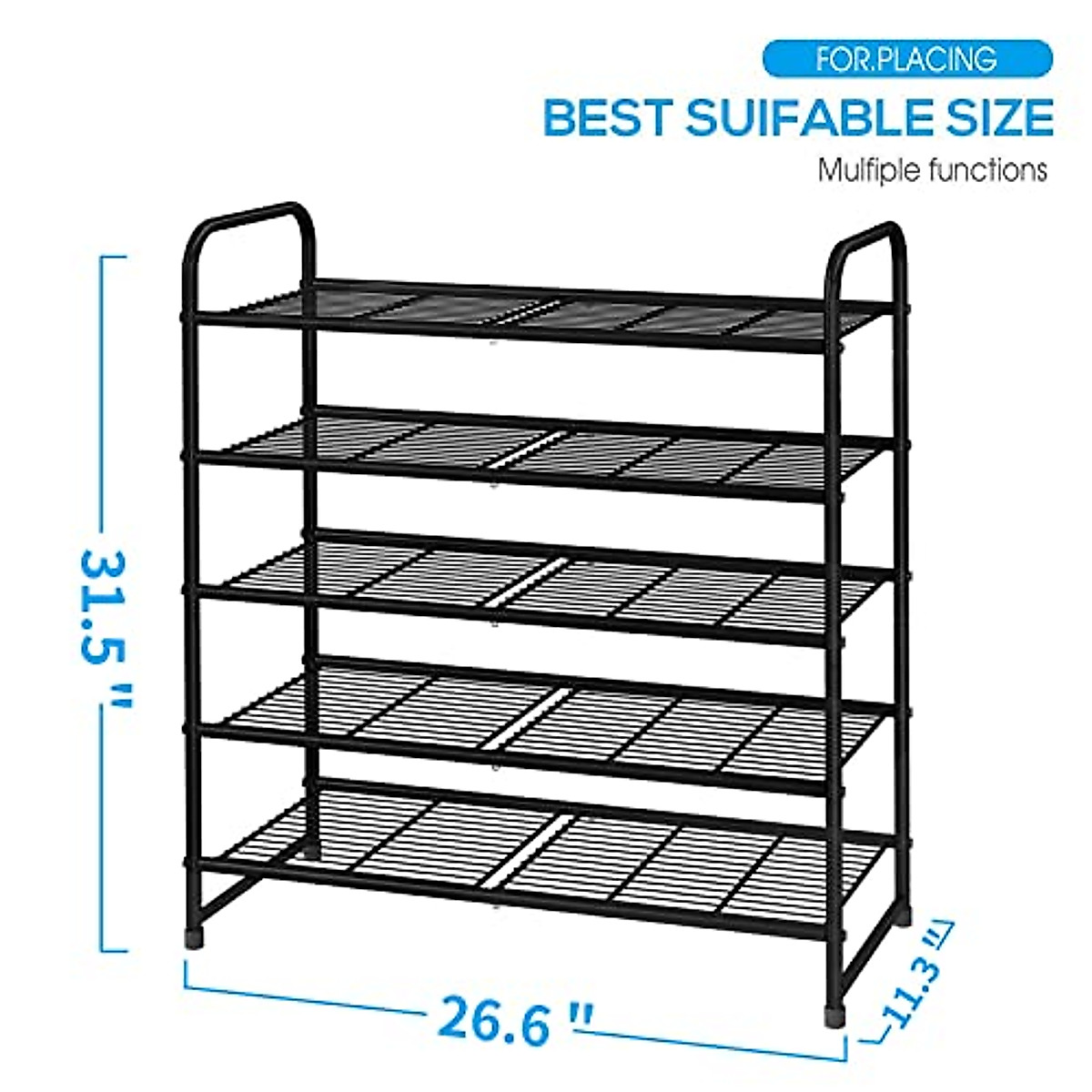 Simple Trending 5-Tier Stackable Shoe Rack, Expandable & Adjustable Shoe Organizer Storage Shelf, Wire Grid, Black